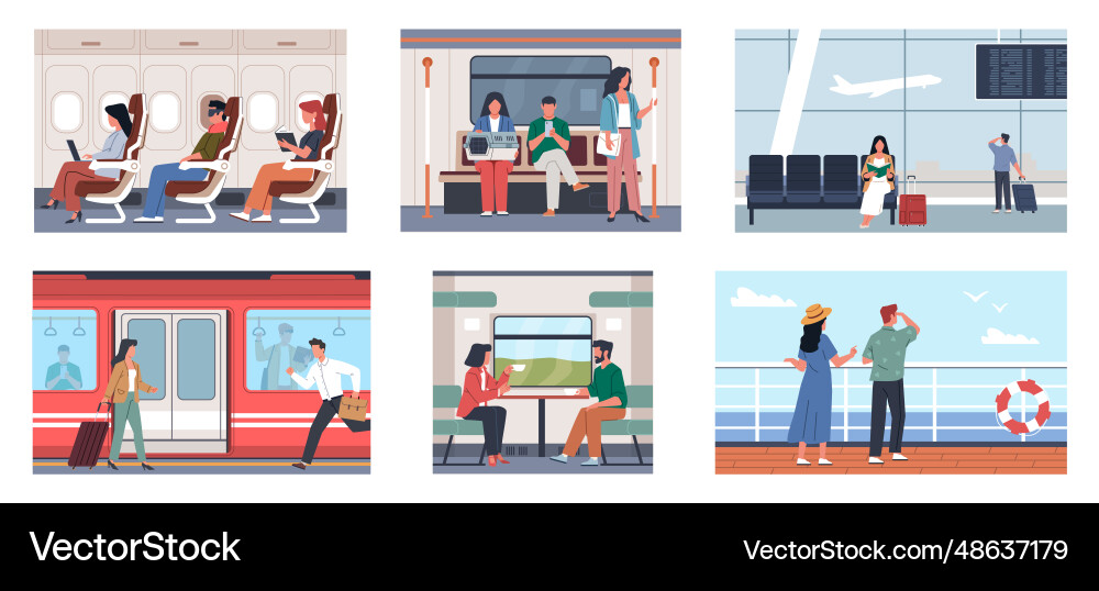 People Traveling by Train and Bus Royalty Free Vector Image