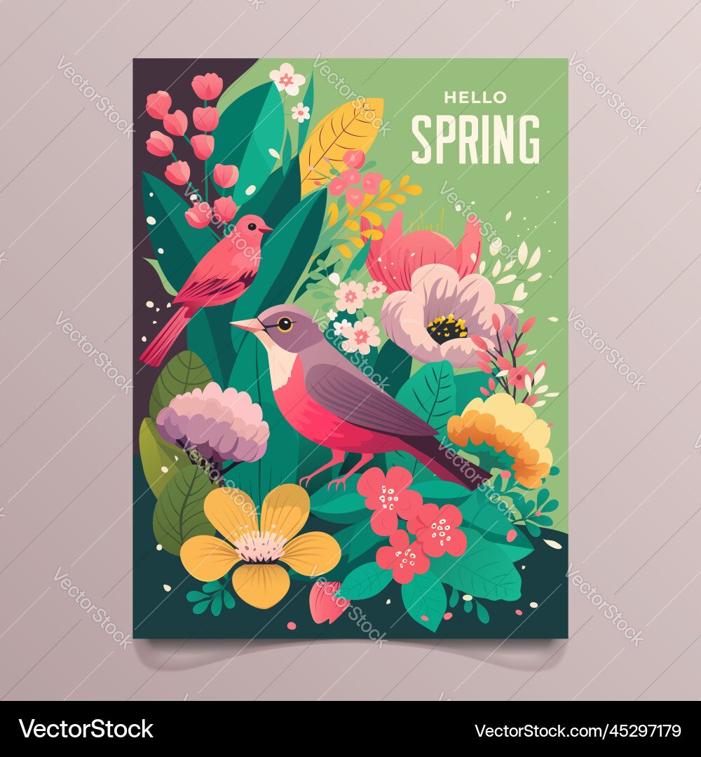 Spring poster with flowers plants and birds Vector Image