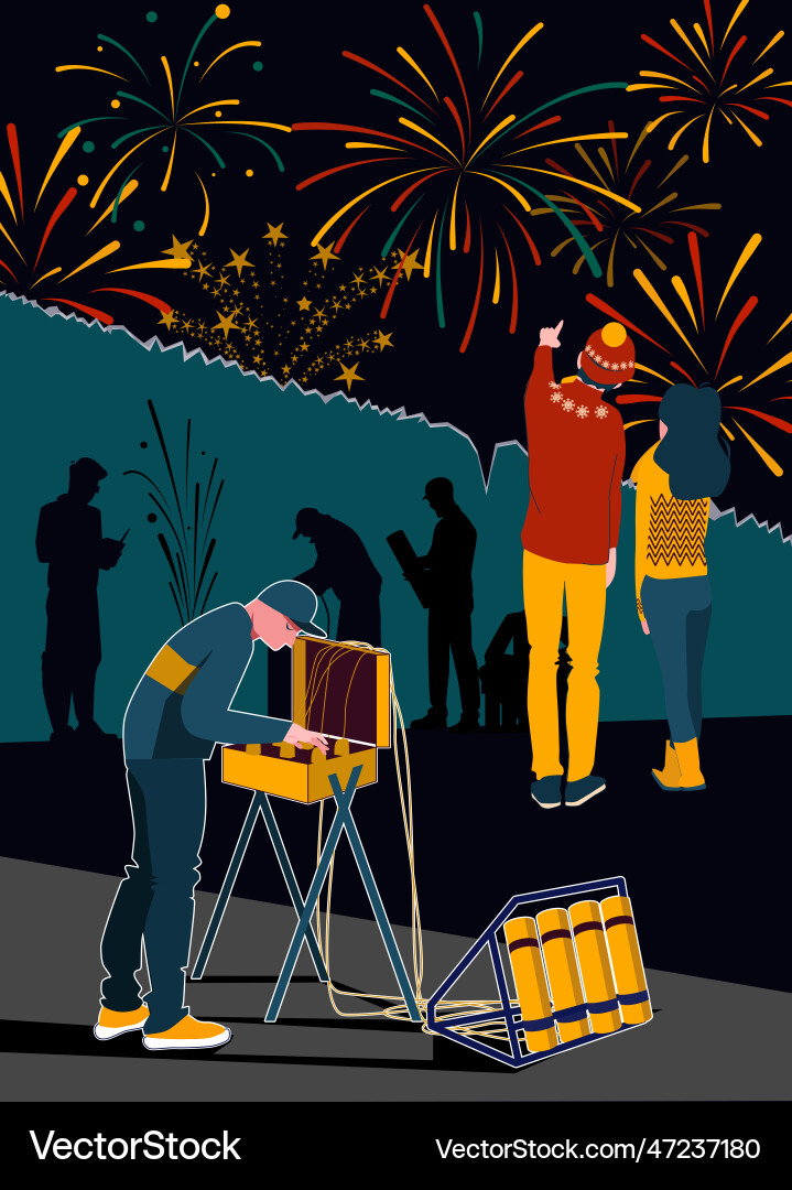 Pyrotechnics fireworks launch flat collage Vector Image