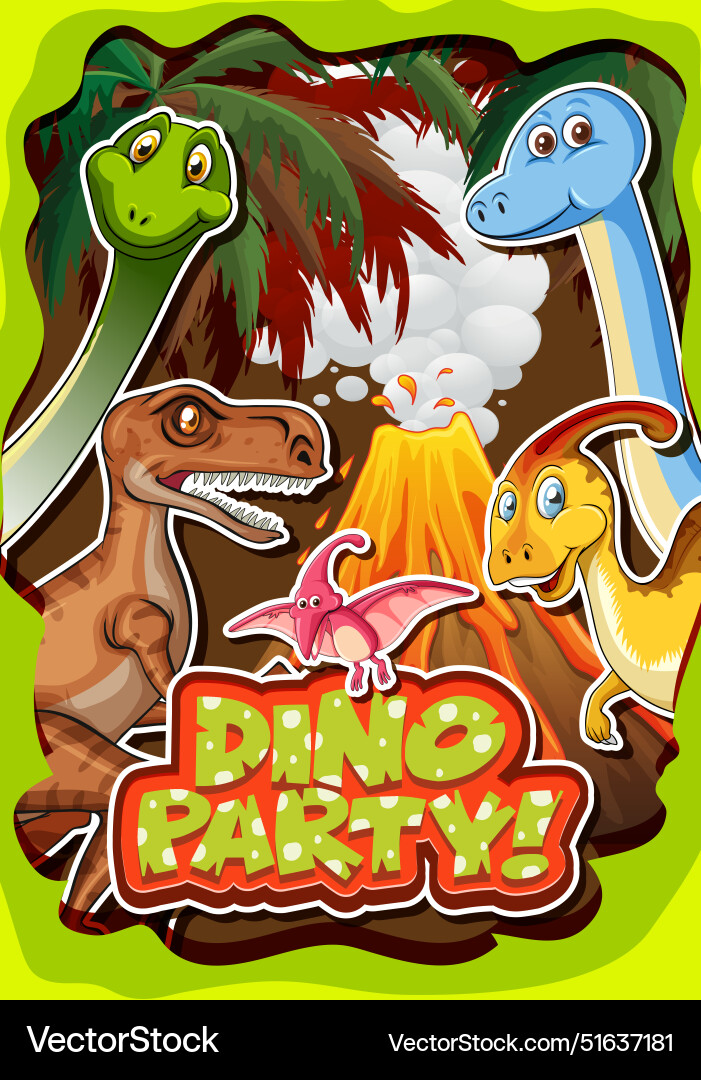 Colorful dinosaurs with a volcano background Vector Image