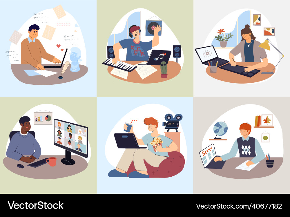 Computer people square compositions Royalty Free Vector