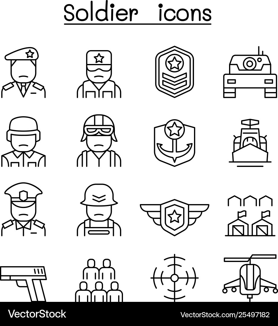 Soldier military icon set in thin line style Vector Image