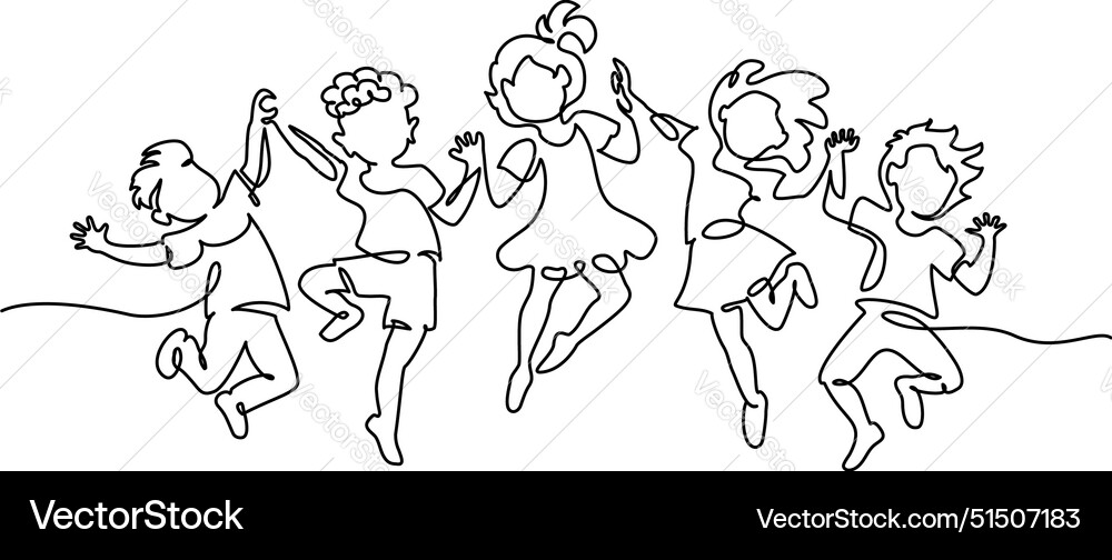 Happy jumping children holding hands continuous Vector Image
