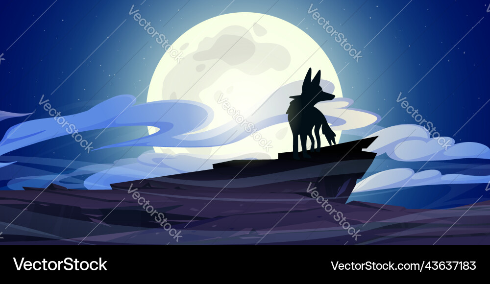 Wolf stand on rock cliff at night with full moon Vector Image