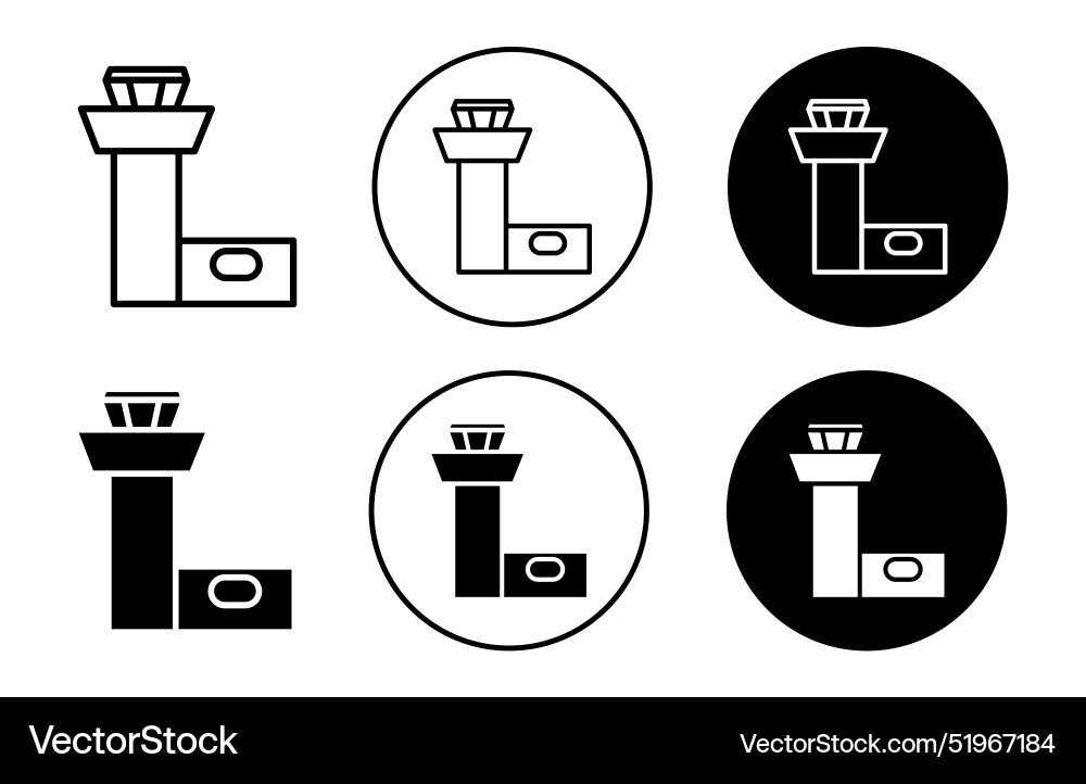 Flight control tower flat line icon set Royalty Free Vector