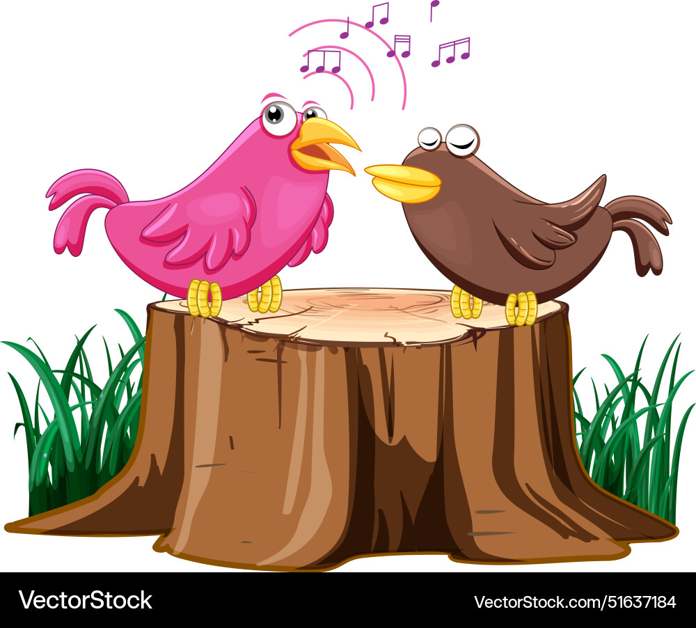 Two birds singing on a tree stump Royalty Free Vector Image