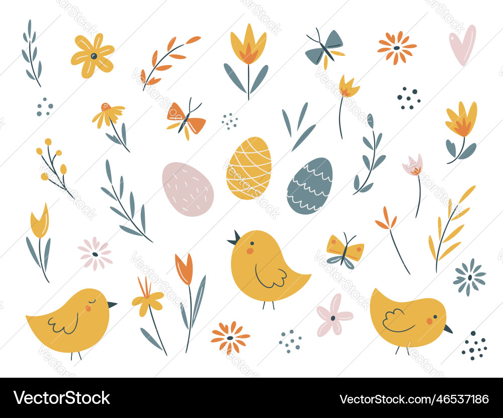 Easter spring set with cute eggs chicks flowers Vector Image