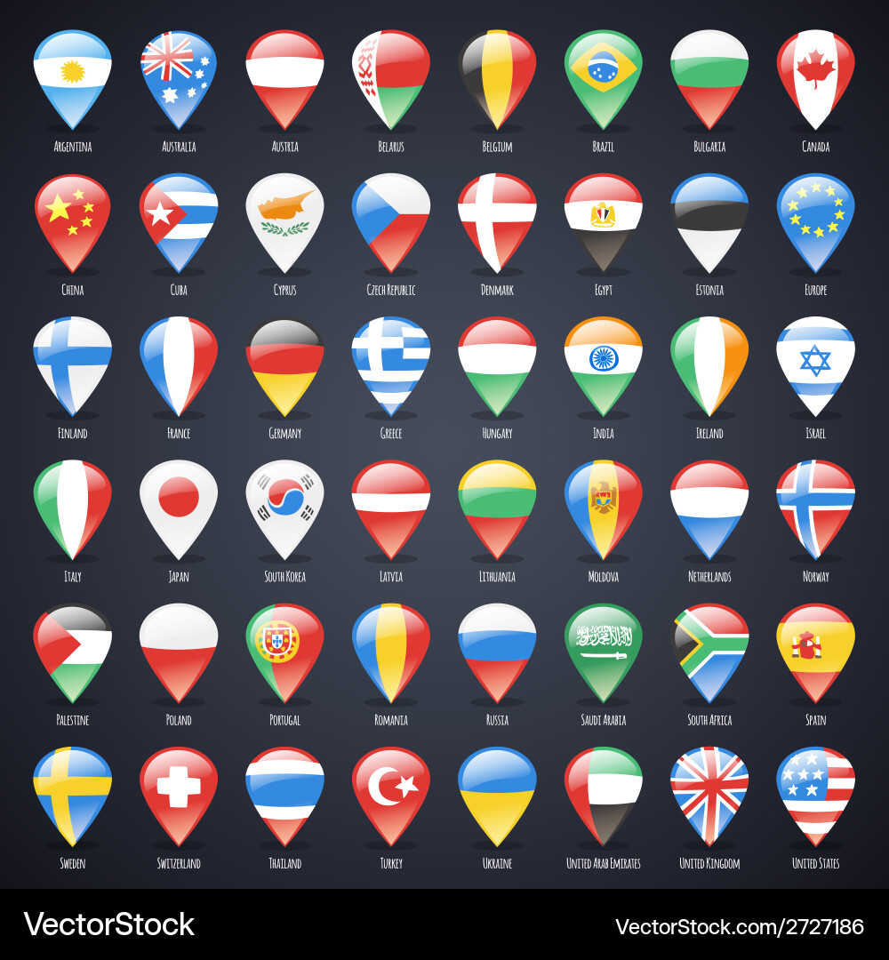 Set of glass map pointers with world states flags Vector Image