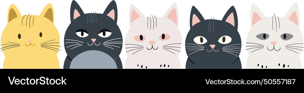Five cute colorful cartoon cats lined up row Vector Image
