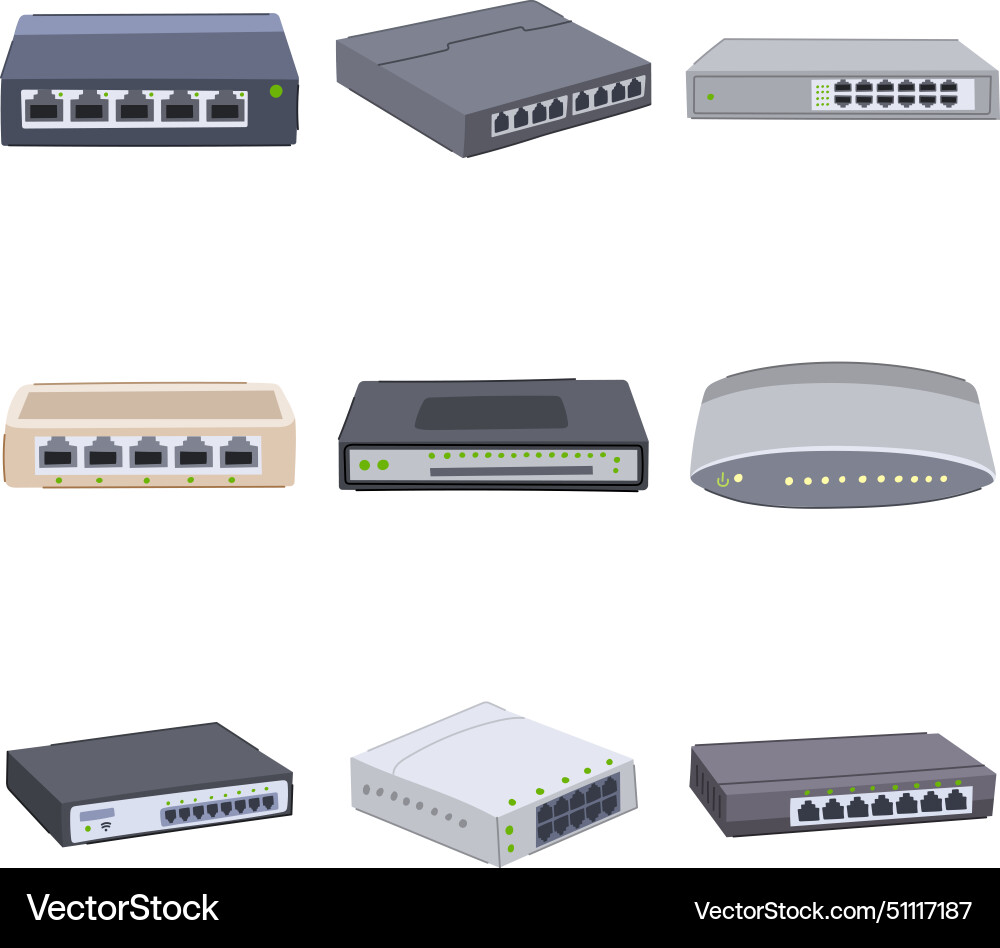 Network switch set cartoon Royalty Free Vector Image