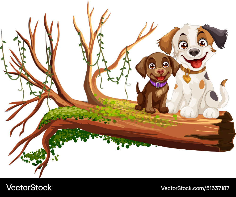 Two puppies sitting on a fallen log Royalty Free Vector
