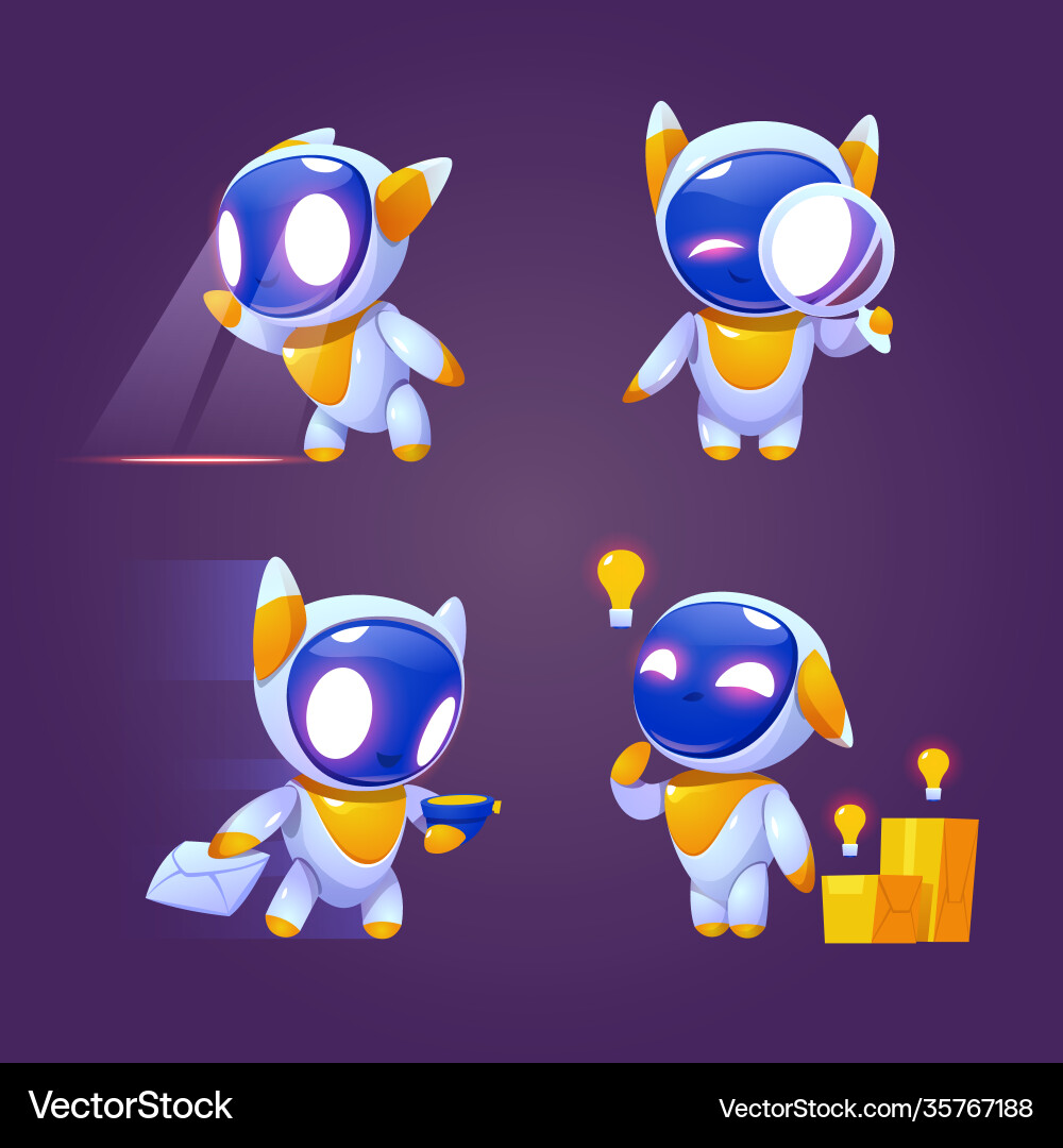 Cute robot character in different poses Royalty Free Vector
