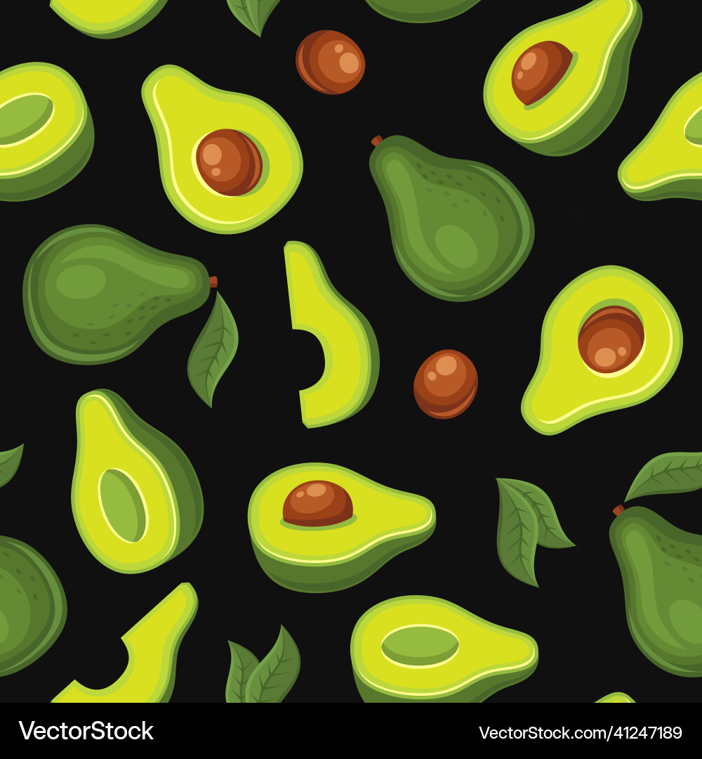 Avocado Fruit Seamless Pattern On Black Background