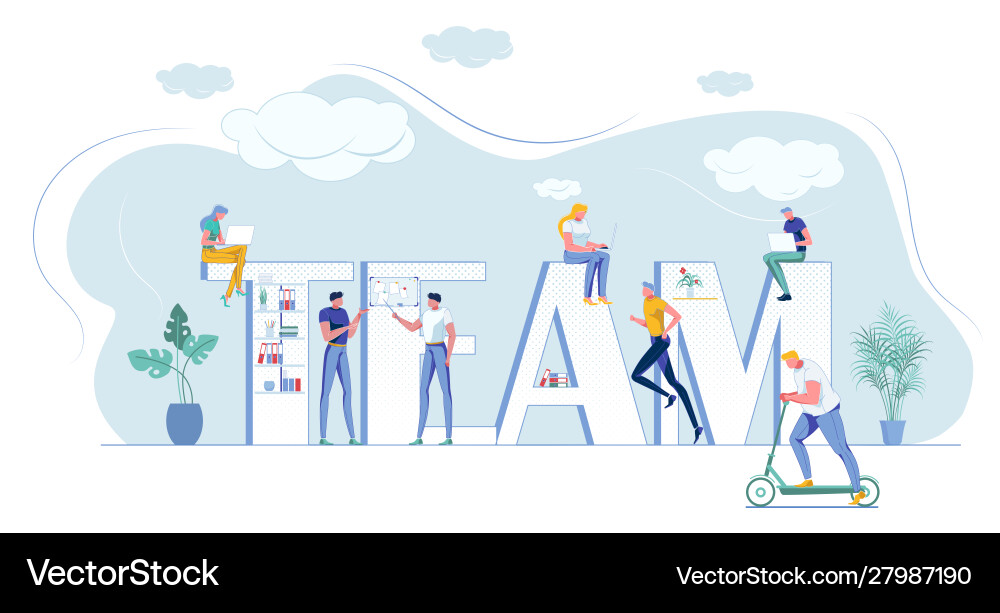 Team capital letters with tiny office coworkers Vector Image
