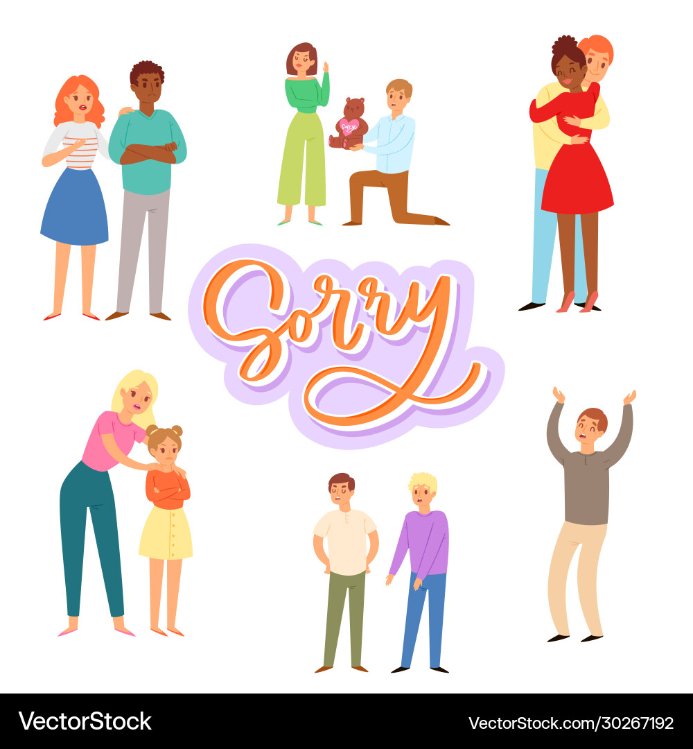 Sorry and apologizing exuse me cartoon characters Vector Image