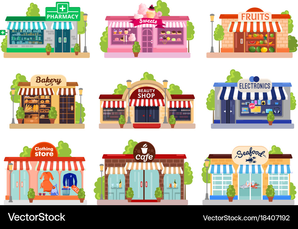 Store facades set Royalty Free Vector Image - VectorStock