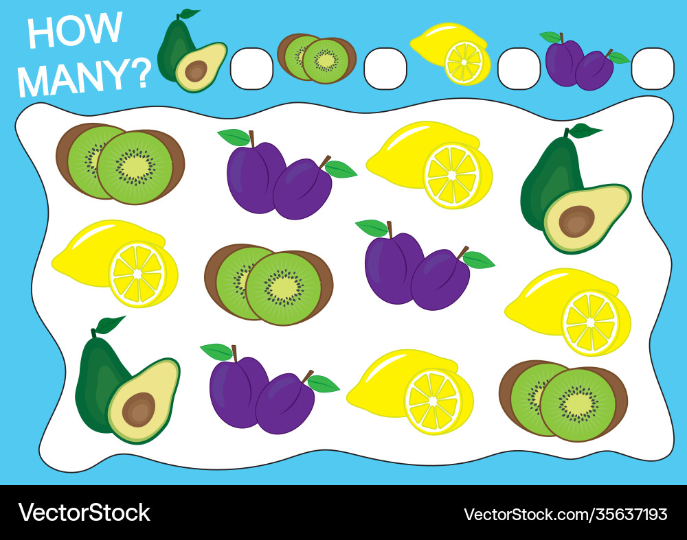 Count how many fruits educational game Royalty Free Vector