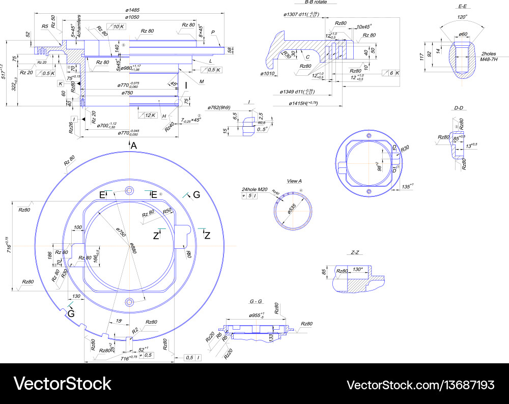 Engineering drawing of industrial equipment Vector Image