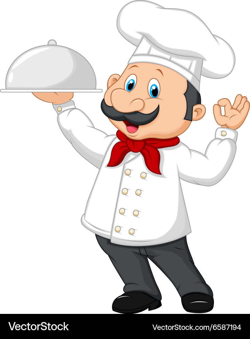 Cartoon happy chef holding a silver platter Vector Image