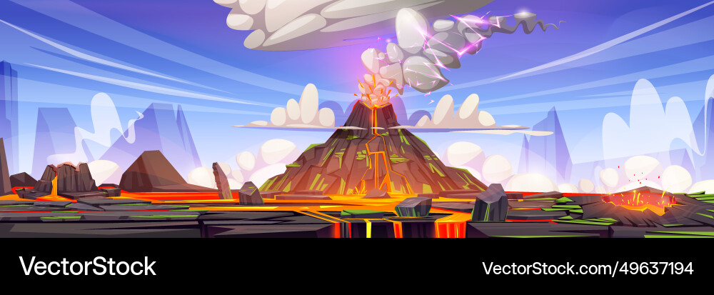 Volcano eruption landscape with active crater Vector Image