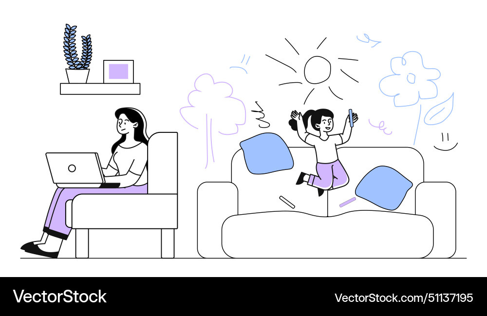 Busy mother at home linear Royalty Free Vector Image