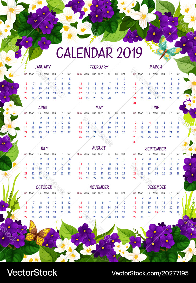 Calendar 2019 floral crocus flowers design Vector Image