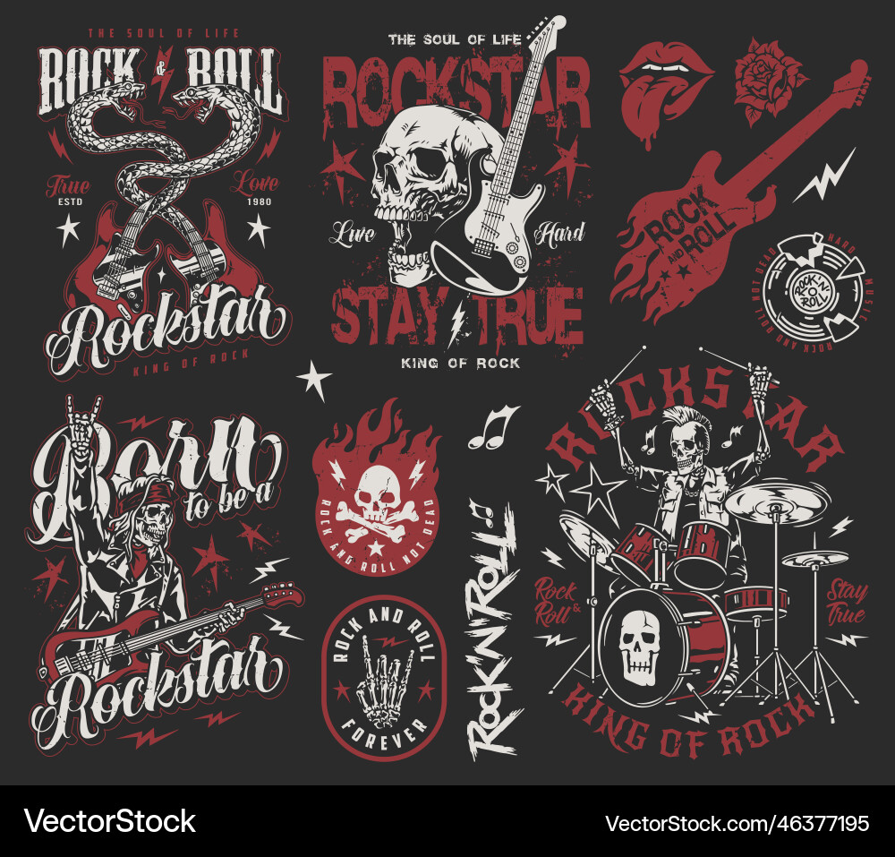 Rock music set colorful stickers Royalty Free Vector Image
