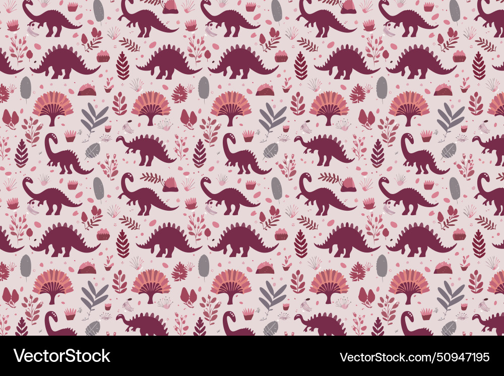 Seamless pattern with dinosaurs and leaves Vector Image