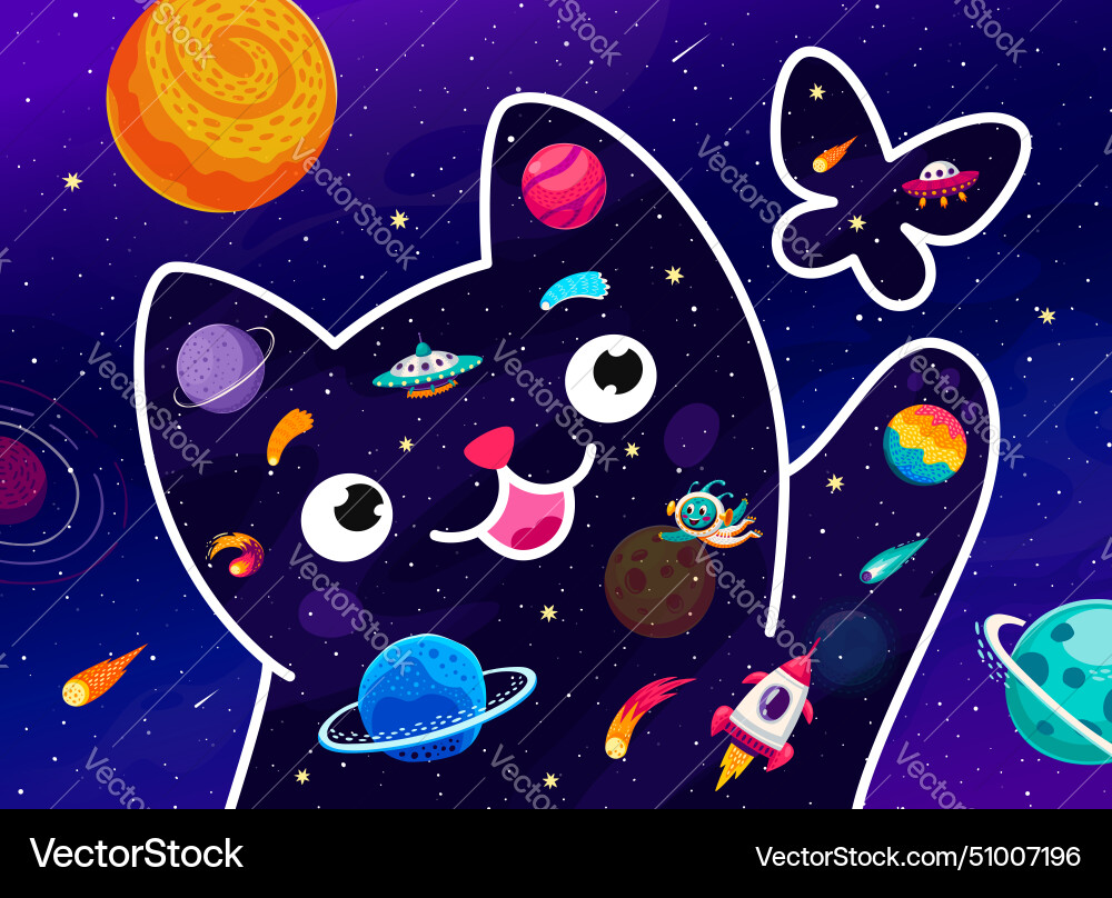 Cartoon space cat chasing a butterfly in galaxy Vector Image