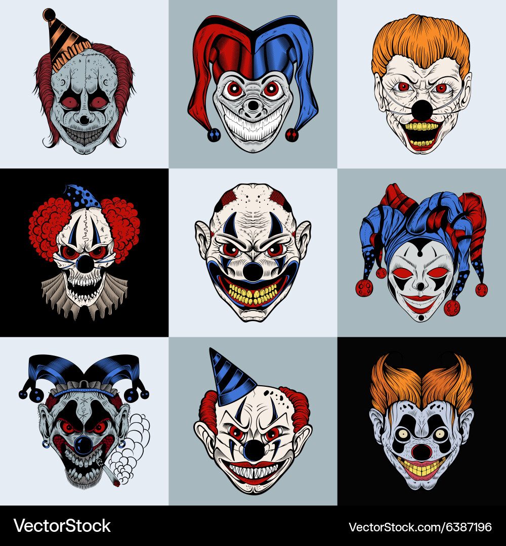 Nine Painted Clown Faces Royalty Free Vector Image