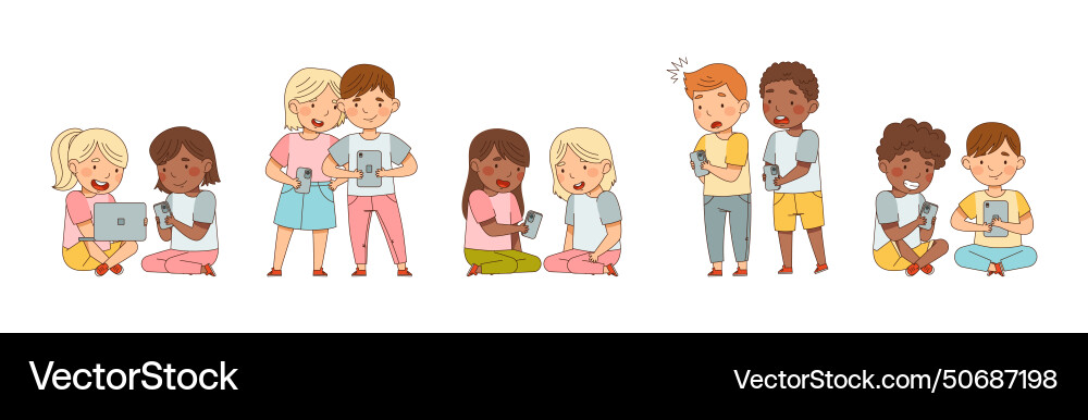 Kids with mobile gadget use electronic devices Vector Image