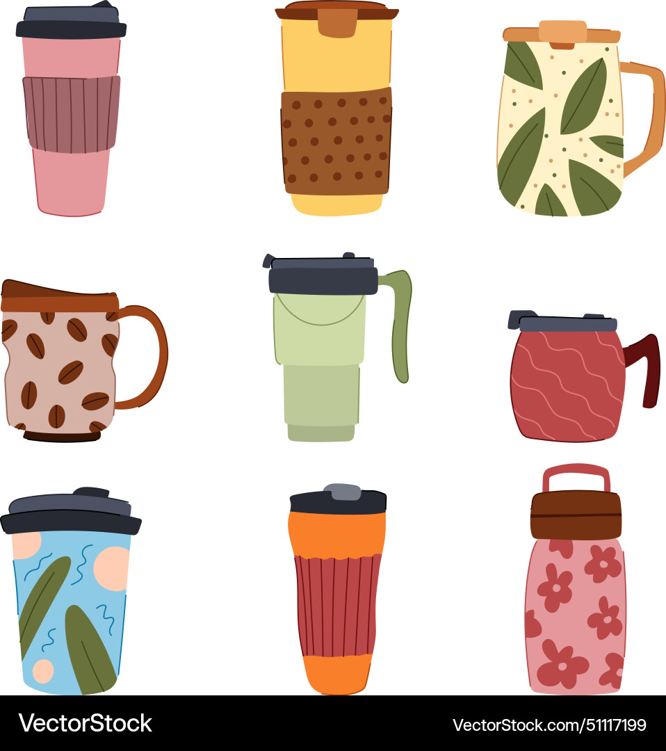 Reusable coffee cup set cartoon Royalty Free Vector Image