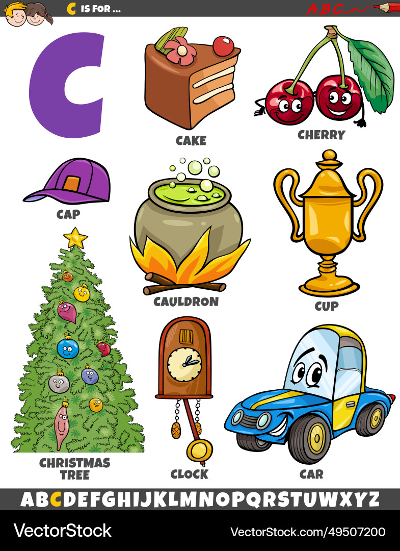 Letter c set with cartoon objects and characters Vector Image
