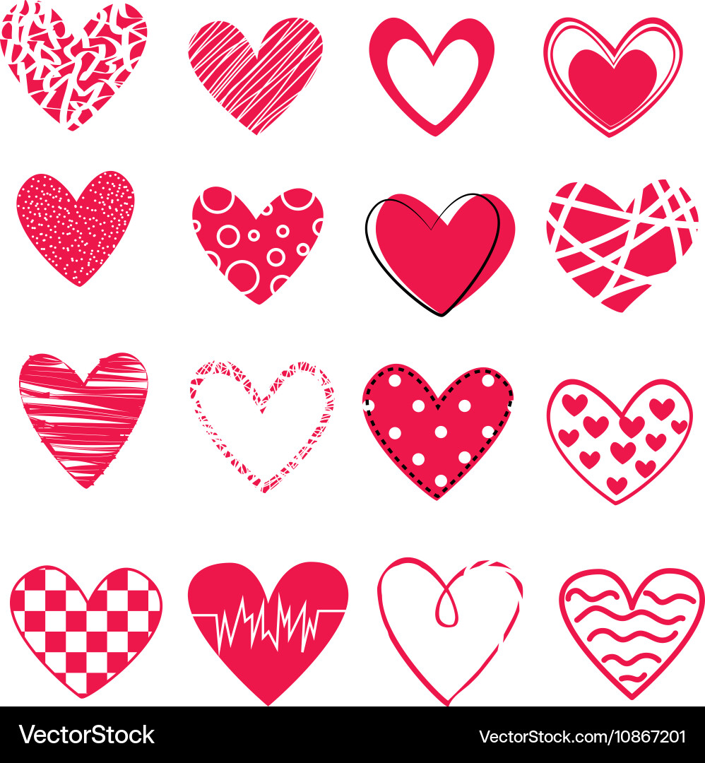 Set of 16 different hearts isolated on white Vector Image