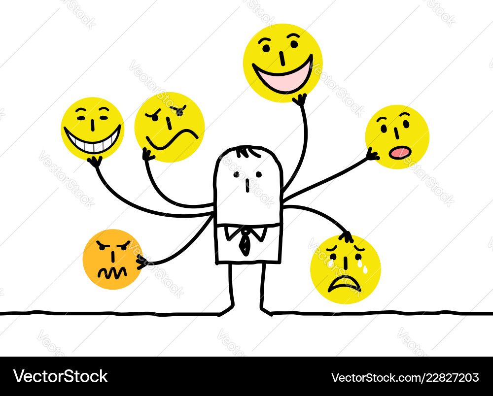 Cartoon man with multi emoticon faces Royalty Free Vector