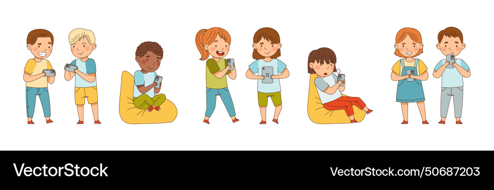 Kids with mobile gadget use electronic devices Vector Image
