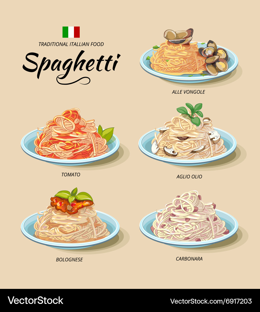 Spaghetti or pasta dishes set in cartoon Vector Image