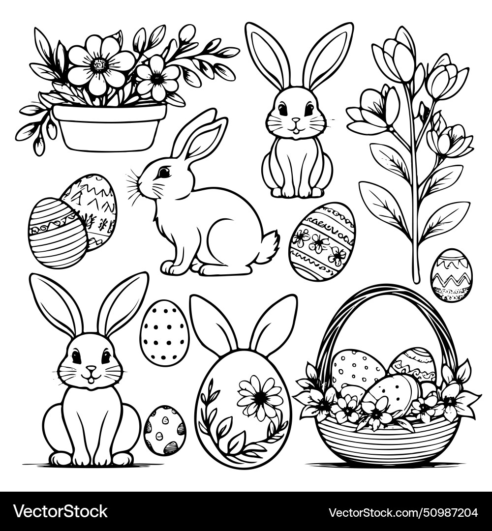 A set of easter themed drawings rabbits eggs Vector Image