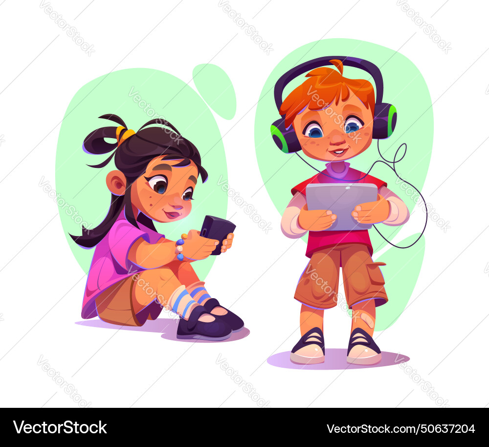 Children using gadgets isolated on white Vector Image