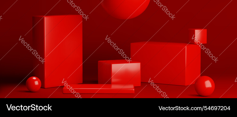 Minimalist geometric cube podiums in red studio Vector Image