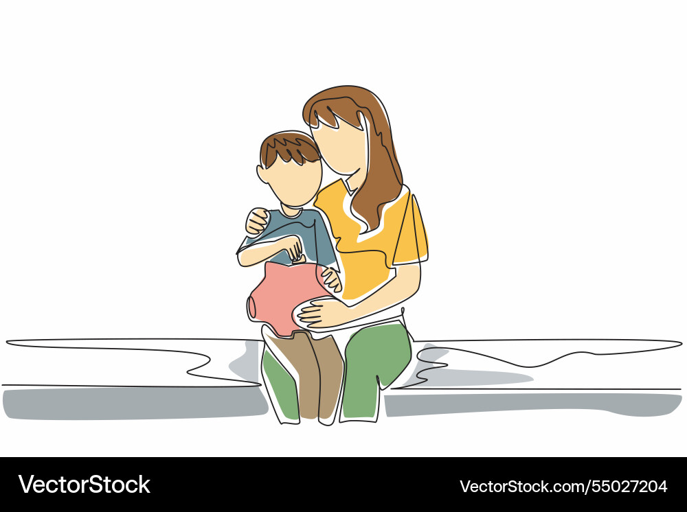 Einzelne eine Linie Zeichnung Junge und seine Mutter