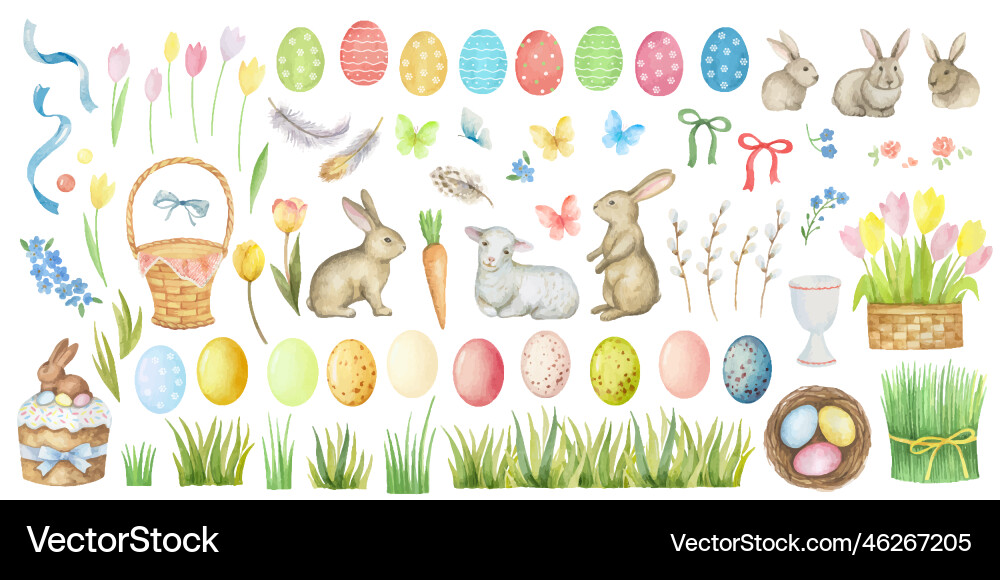 Watercolor set of easter elements eggs Royalty Free Vector