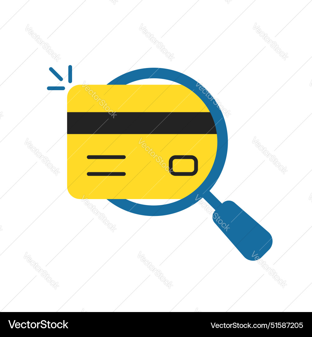 Yellow credit card checking with magnifying glass Vector Image