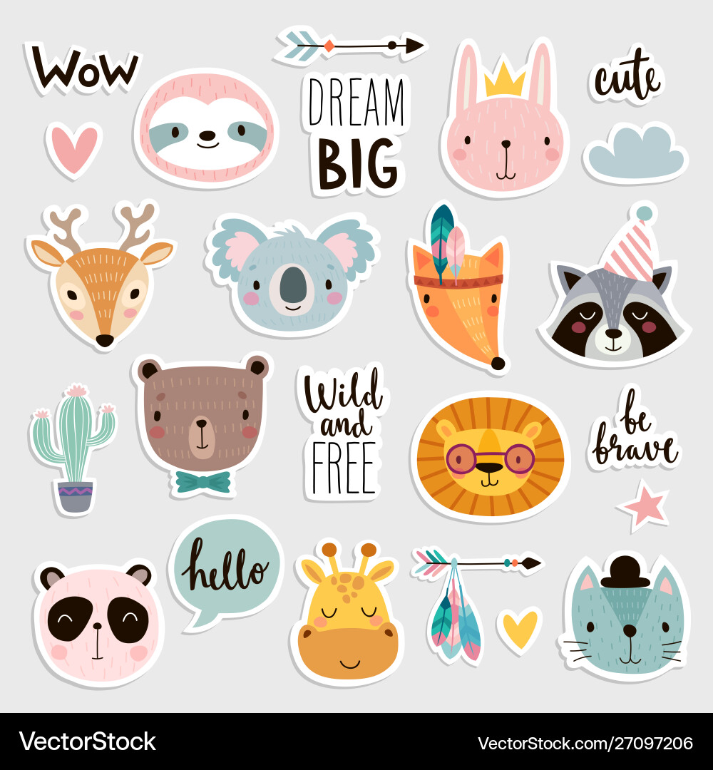 Cute boho animals set hand drawn characters Vector Image