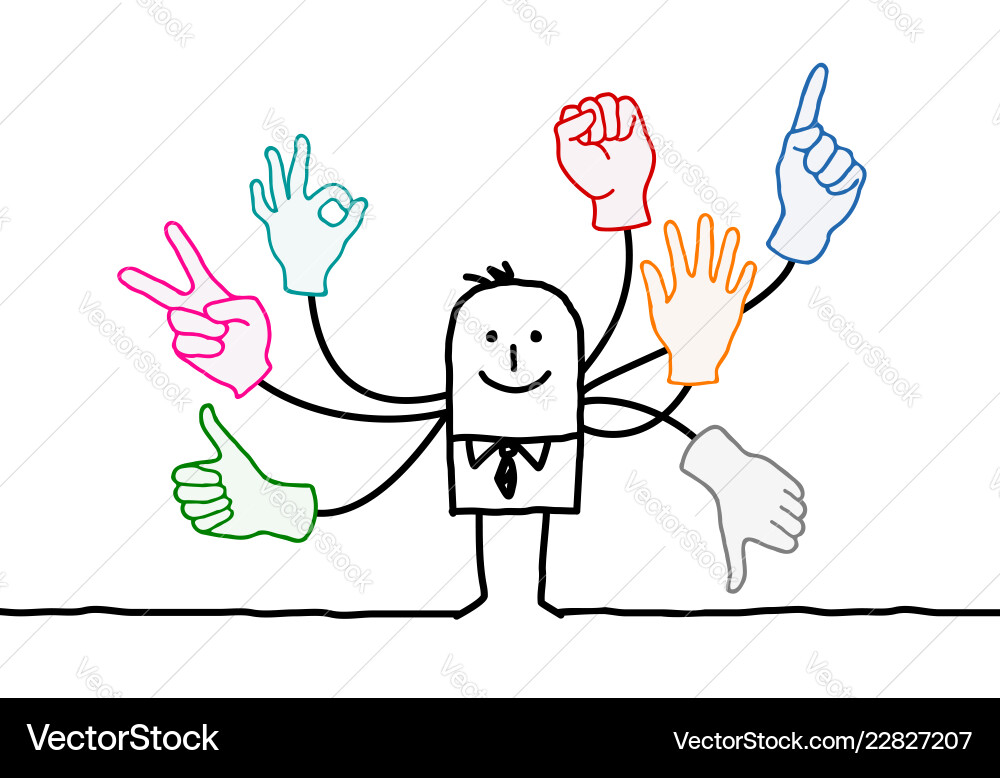 Cartoon orator with multi hands signs Royalty Free Vector