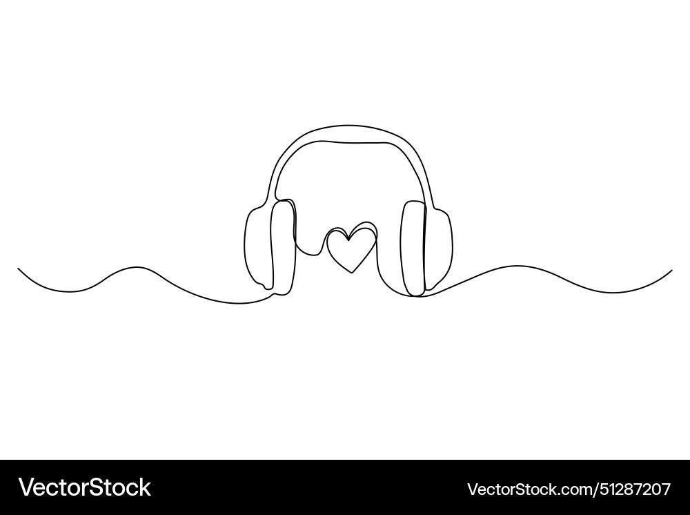 One line headphones with heart continuous drawing Vector Image