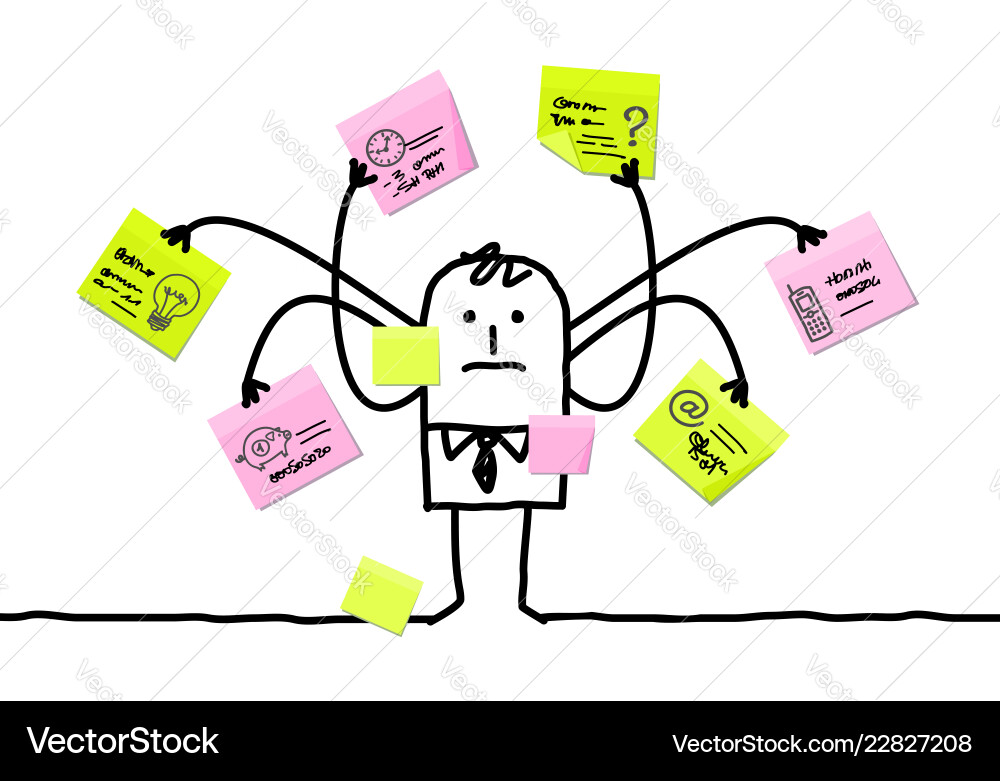 Cartoon man multitasking with sticky notes Vector Image