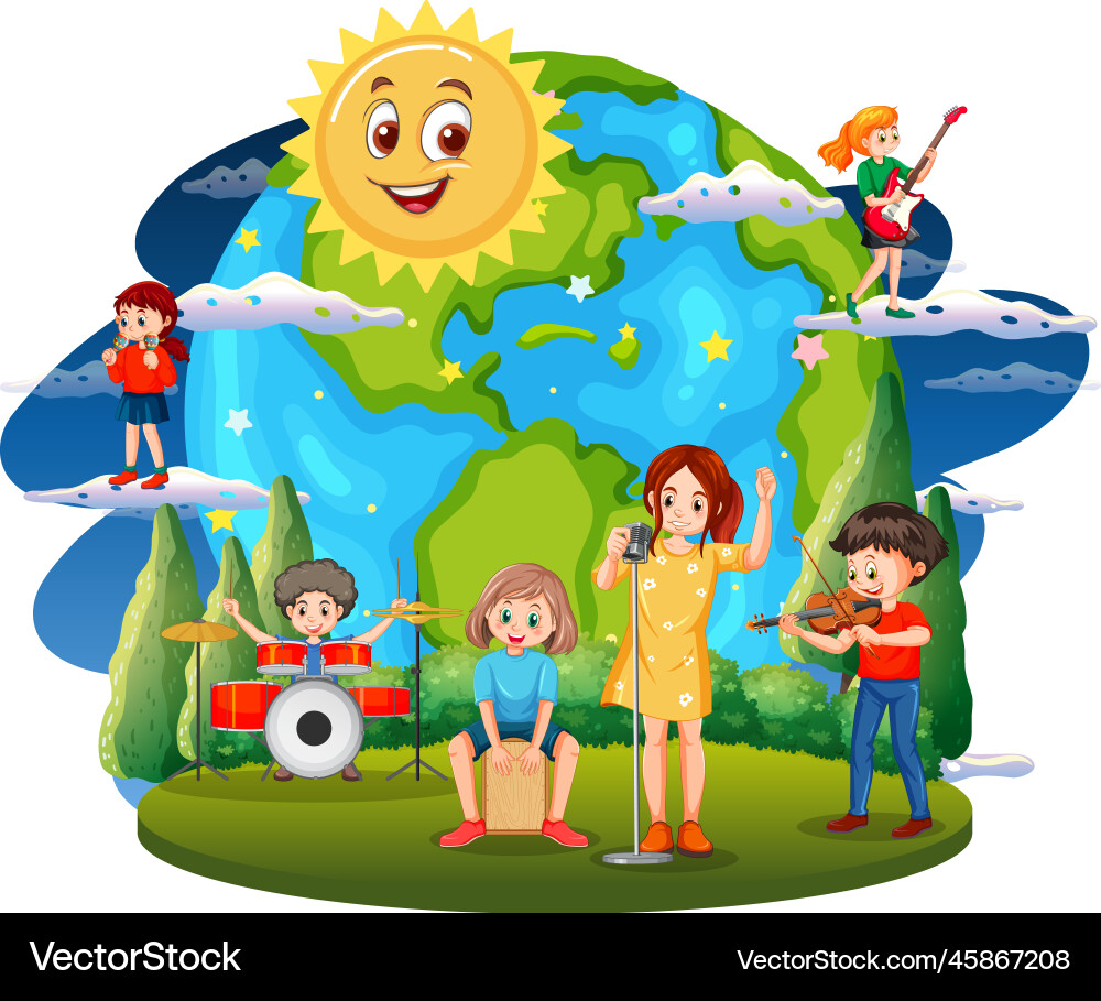 Children playing music on earth globe Royalty Free Vector