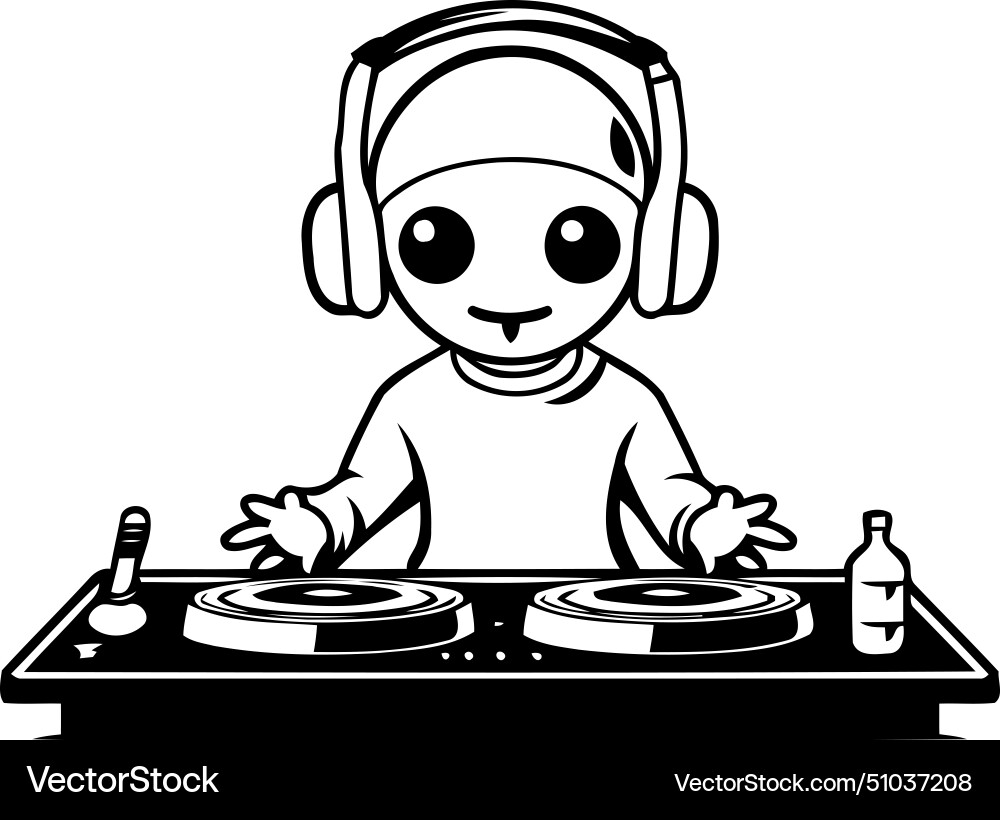 Cute dj with headphones and turntable Royalty Free Vector