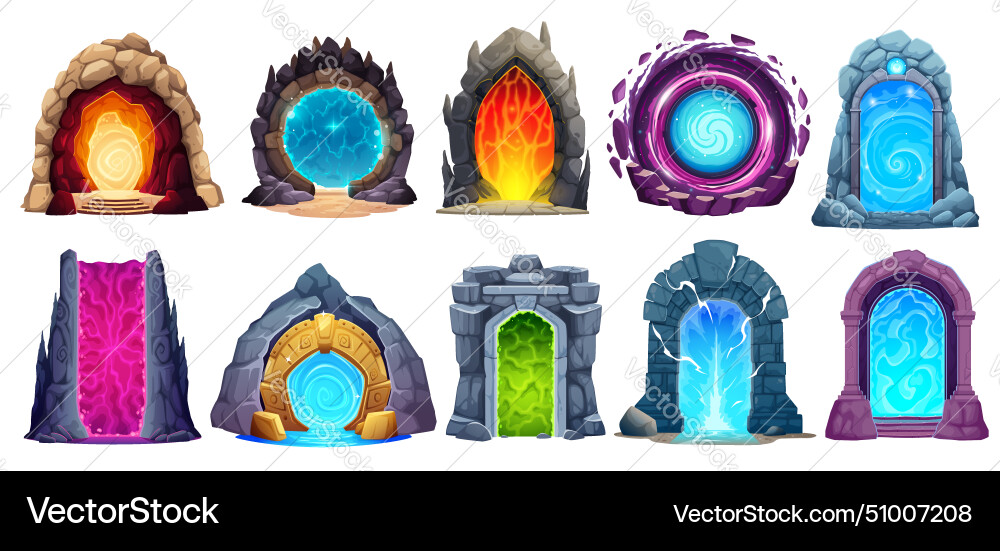 Fantasy game cartoon magic portal door set Vector Image